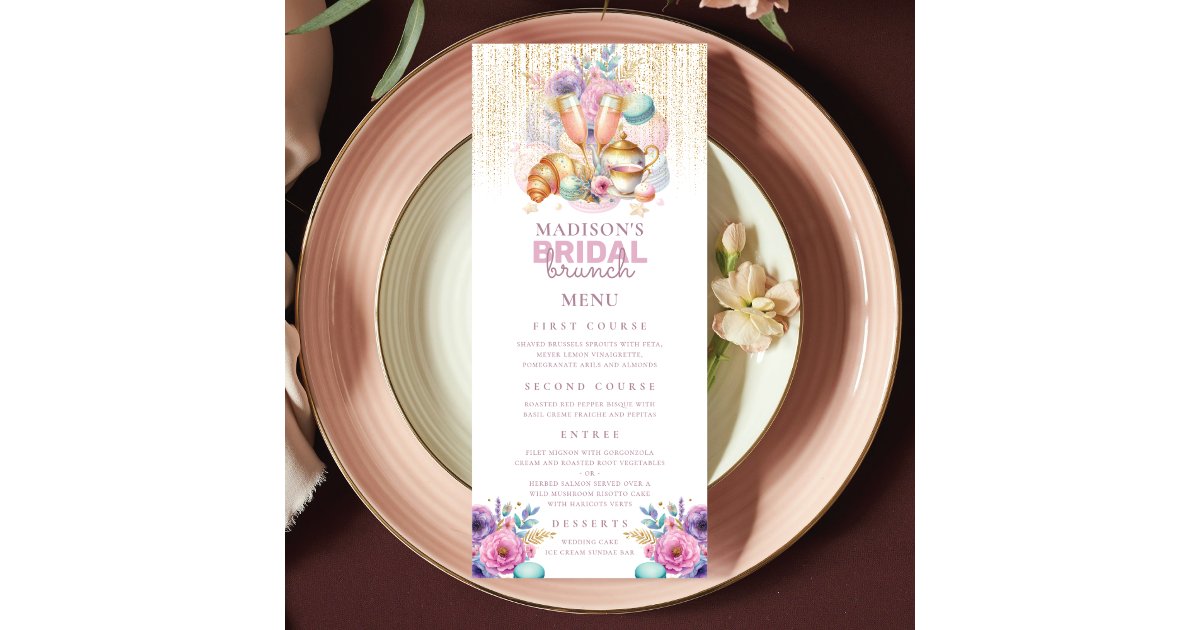 Pastel Bridal Brunch Pink & Gold Menu | Zazzle