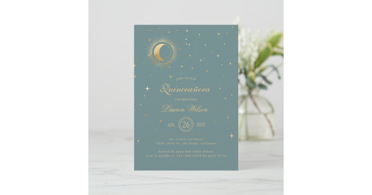 Pastel Celestial Gold Moon Stars Quinceanera Invitation | Zazzle