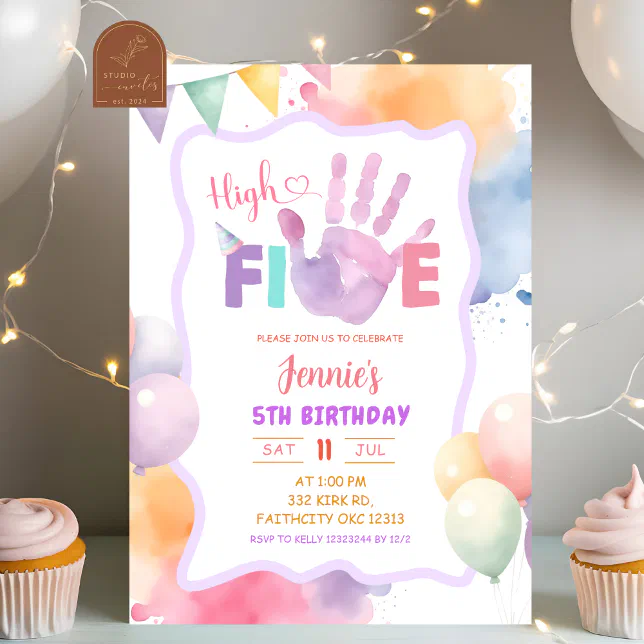 Pastel Color Pink High Five Birthday Invitation | Zazzle