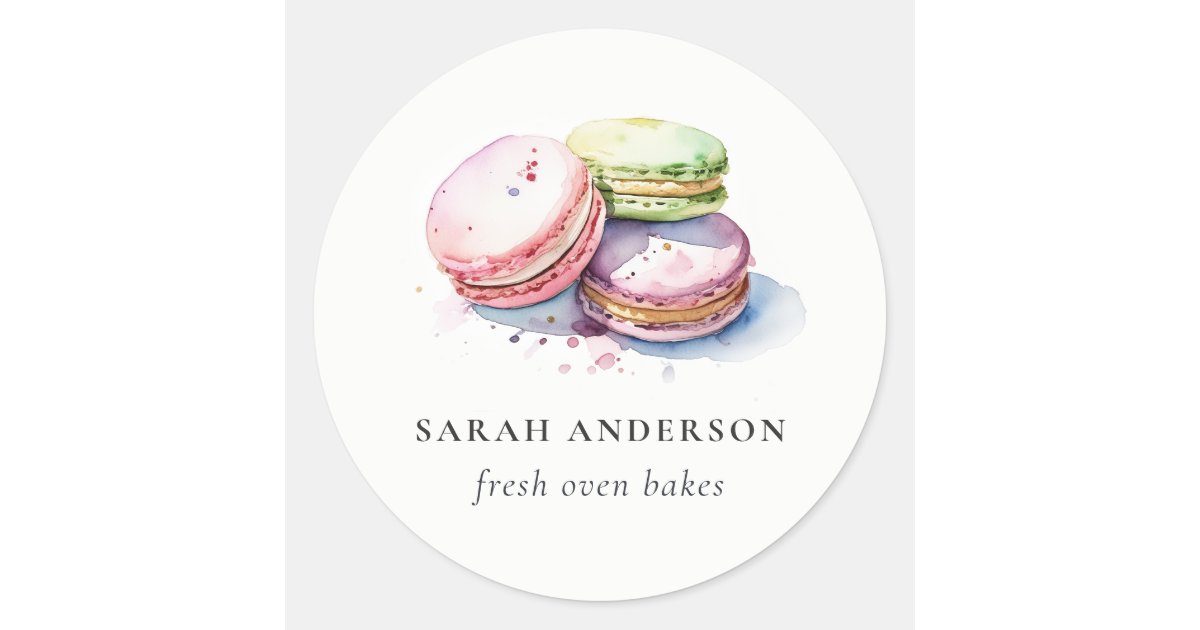 Pastel Colorful Watercolor French Macarons Bakery Classic Round Sticker ...