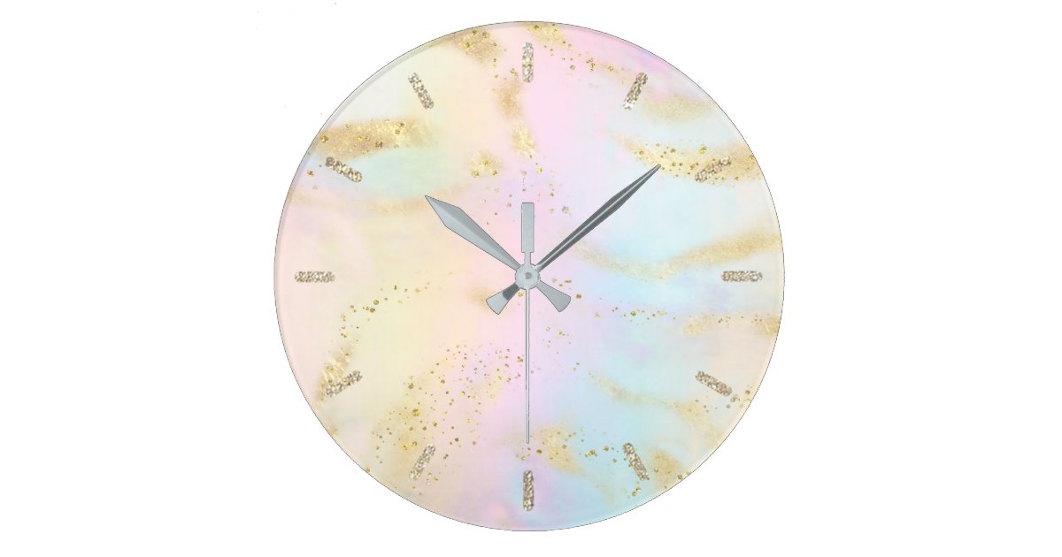 pastel colors faux glitter effect large clock | Zazzle