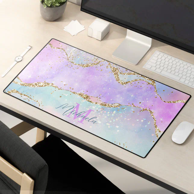 Pastel Colors Pink Blue Agate Glitter Monogram Desk Mat | Zazzle