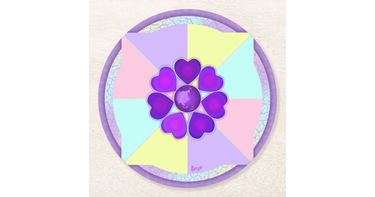 Pastel colors & purple hearts beating round paper coaster | Zazzle