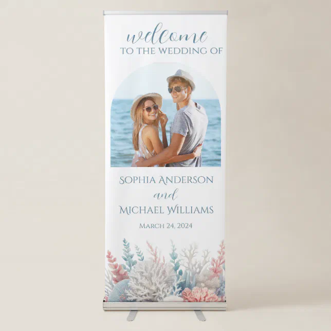 Pastel Coral Reef-Beach Wedding Welcome Sign- Retractable Banner | Zazzle
