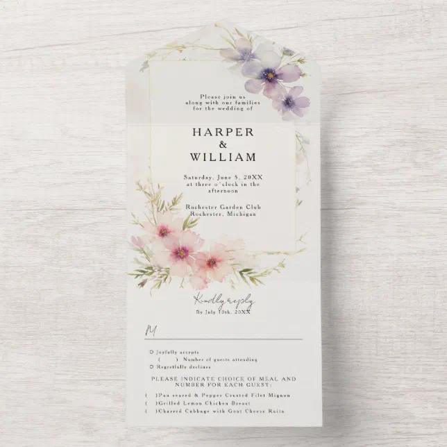 pastel cosmos flowers rsvp attached wedding all in one invitation | Zazzle