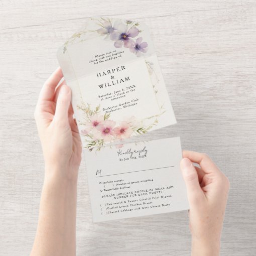 pastel cosmos flowers rsvp attached wedding all in one invitation | Zazzle