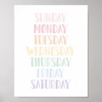Pastel Days of the Week Educational Poster | Zazzle
