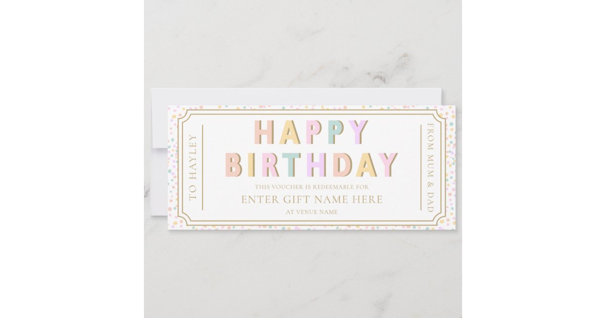 Pastel Dot Happy Birthday Gift Voucher Card | Zazzle