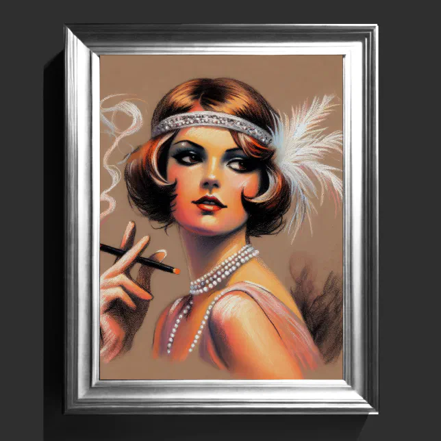 Pastel Drawing 1920's Flapper Girl Smoking II Poster | Zazzle