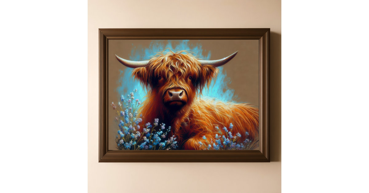 Pastel Drawing Highland Cow Blue Flowers Poster | Zazzle