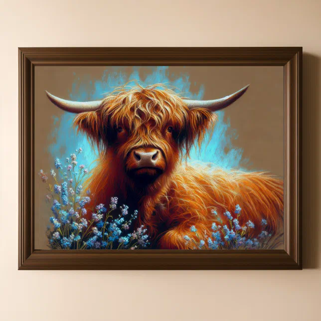 Pastel Drawing Highland Cow Blue Flowers Poster | Zazzle