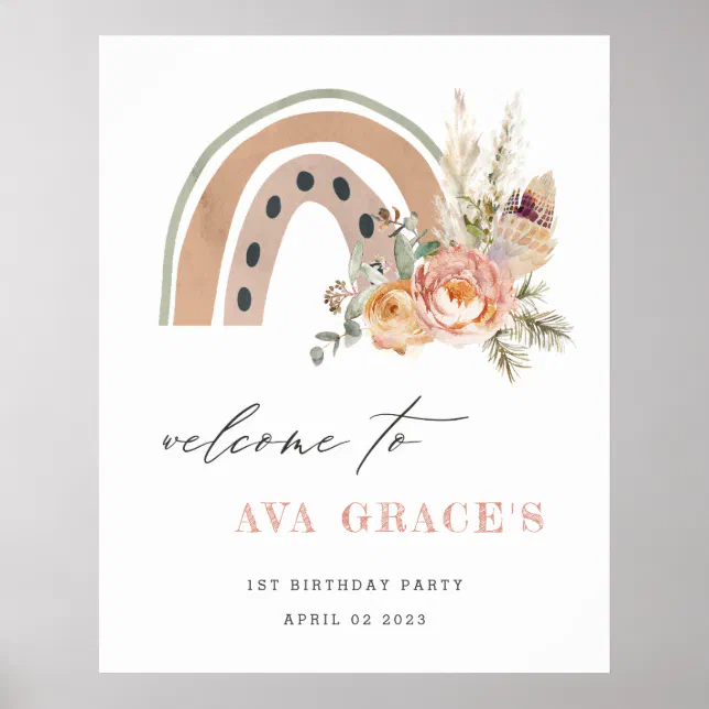 Pastel Dusky Boho Floral Rainbow Birthday Welcome Poster | Zazzle