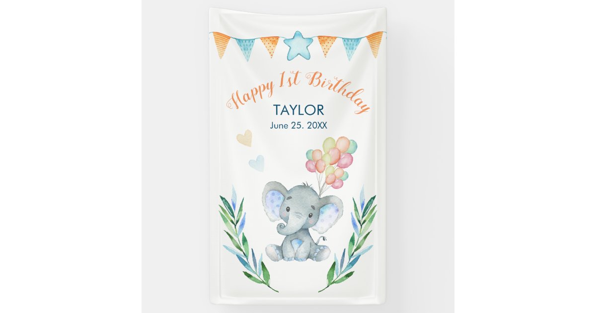 Pastel Elephant Blush Blue Star Happy Birthday Banner | Zazzle