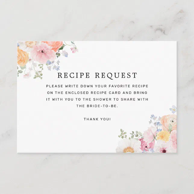 Pastel Floral Bridal Shower Recipe Request Enclosure Card | Zazzle
