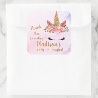 Pastel Floral Unicorn Birthday with Name Party Square Sticker | Zazzle