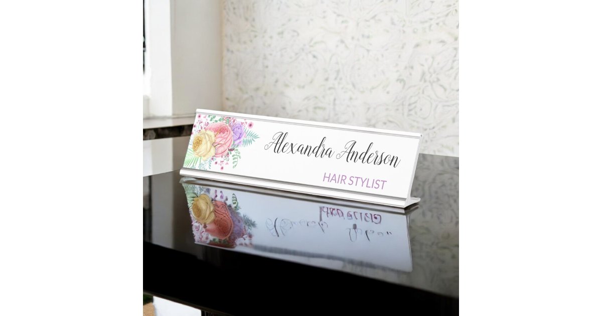 Pastel Floral Watercolor Pink Purple Yellow Desk Name Plate | Zazzle