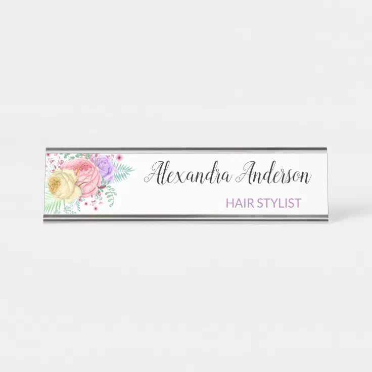 Pastel Floral Watercolor Pink Purple Yellow Desk Name Plate | Zazzle