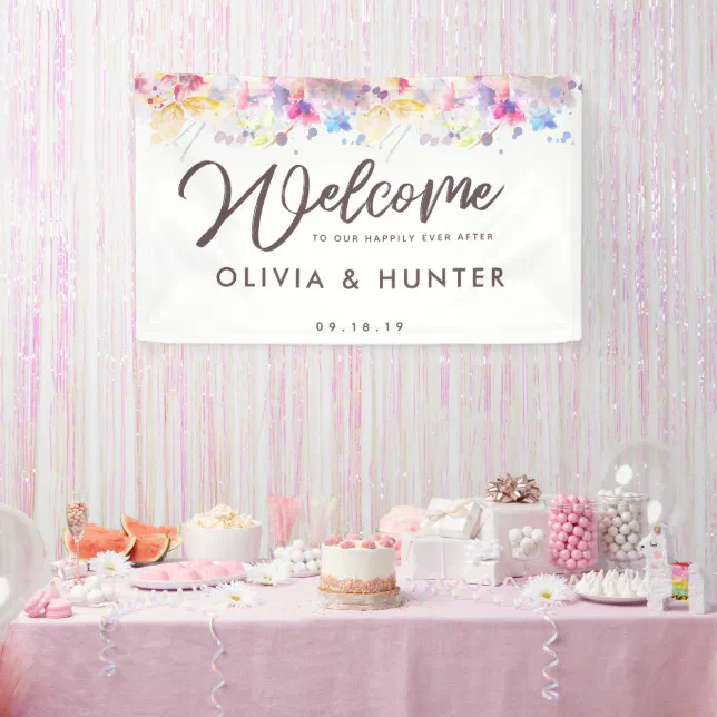 Pastel Floral Watercolor Wedding Welcome Banner | Zazzle