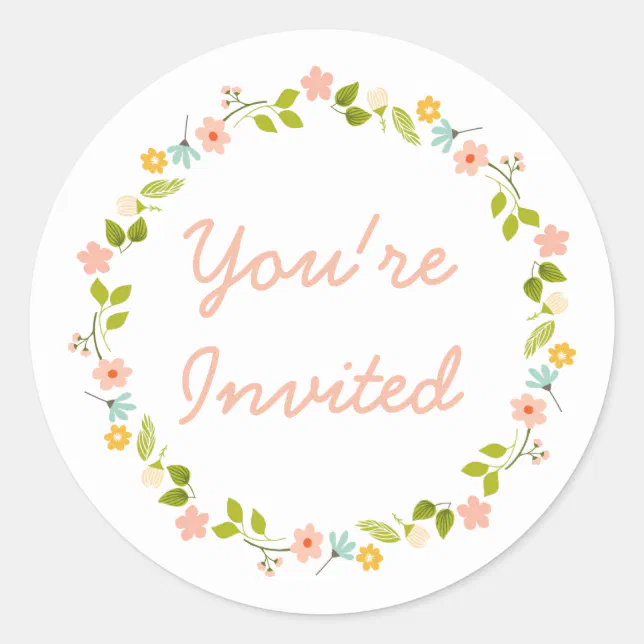 Pastel Floral wreath YOU'RE INVITED Classic Round Sticker | Zazzle