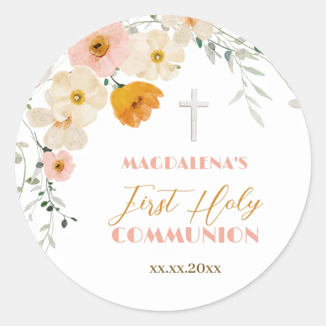 Pastel flowers and greenery First Holy Communion Classic Round Sticker ...