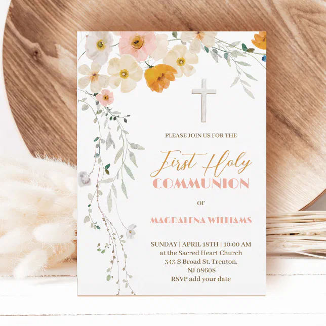 Pastel flowers and greenery First Holy Communion Invitation | Zazzle