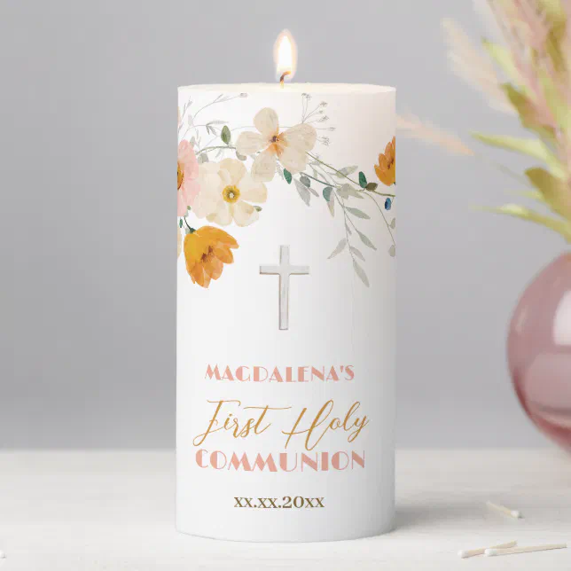Pastel flowers and greenery First Holy Communion Pillar Candle | Zazzle