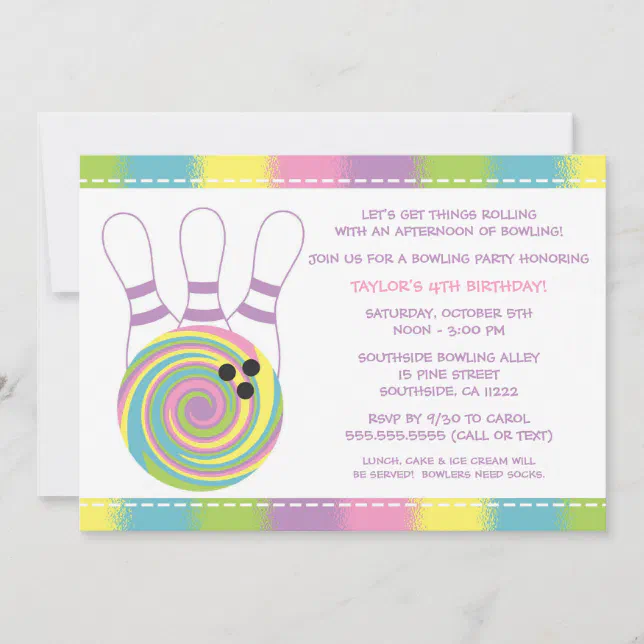 Pastel Girl Bowling Birthday Party Invitations | Zazzle