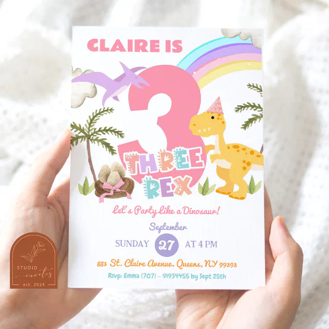 Pastel Girl Dinosaur Three Rex Birthday Party Invitation | Zazzle