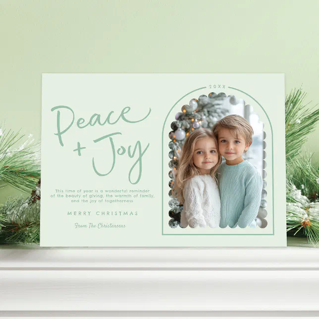 Pastel Green Modern Arch Peace Joy Photo Christmas Holiday Card | Zazzle