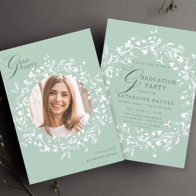 Pastel Green White Wildflower Wreath Graduation Invitation | Zazzle