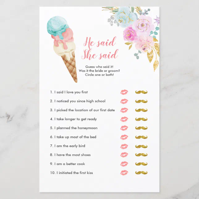 Pastel Ice Cream Floral He said She said Game Card | Zazzle