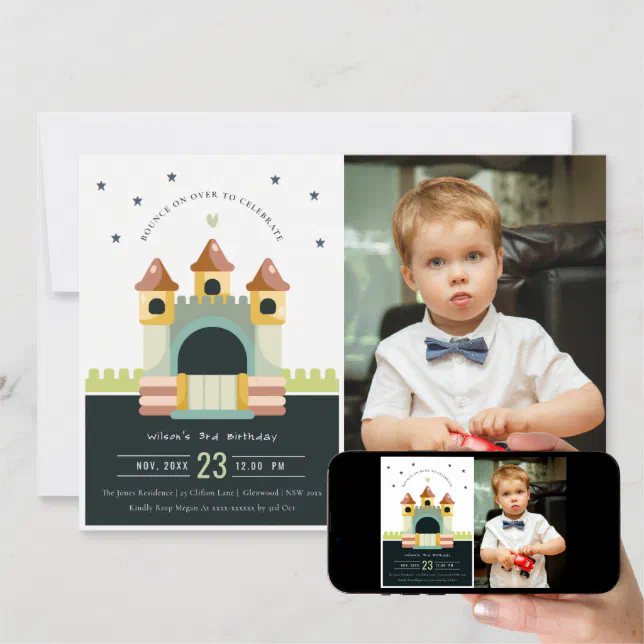 Pastel Jumping Castle Jump Photo Kids Birthday Invitation | Zazzle