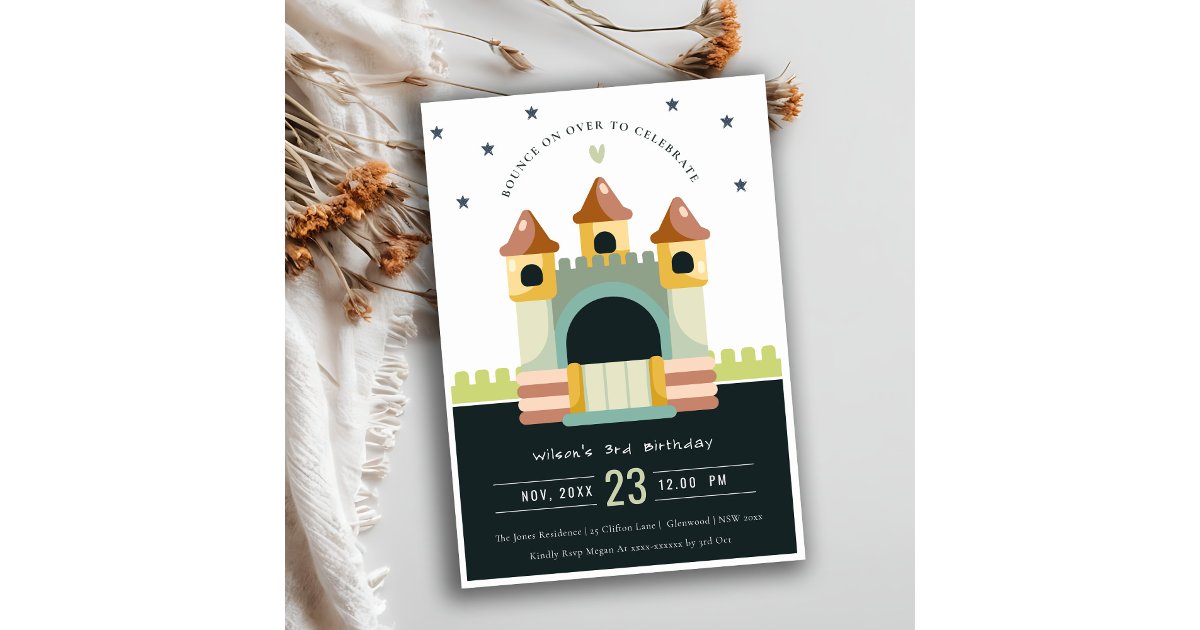 Pastel Jumping Castle Jump & Play Kids Birthday Invitation | Zazzle