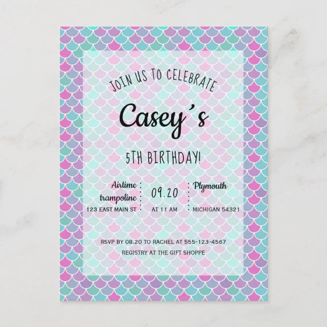 Pastel mermaid scales party invitation postcard | Zazzle