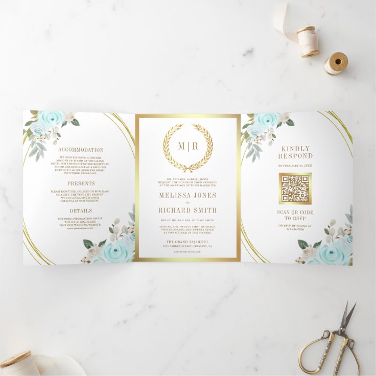 Pastel Mint Roses All in One QR Code Wedding Tri-Fold Invitation | Zazzle
