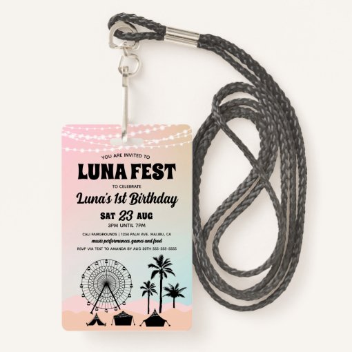 Pastel Music Festival Birthday Invitation Lanyard Badge | Zazzle