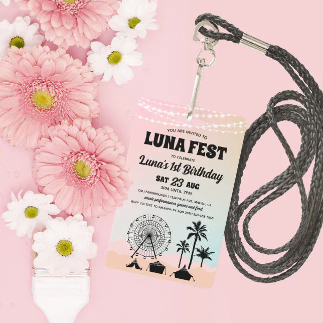Pastel Music Festival Birthday Invitation Lanyard Badge | Zazzle