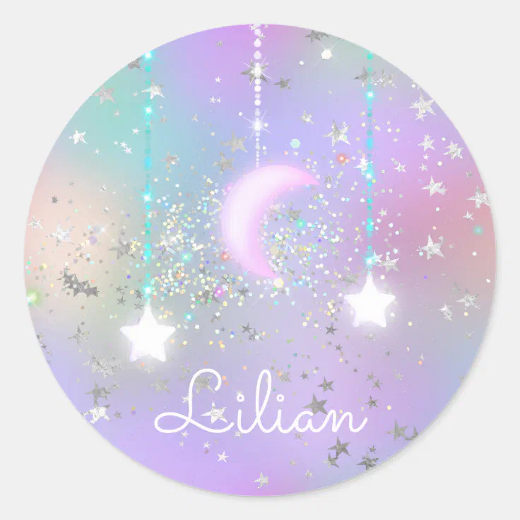 Pastel night sky glowing moon stars glitter cute classic round sticker ...