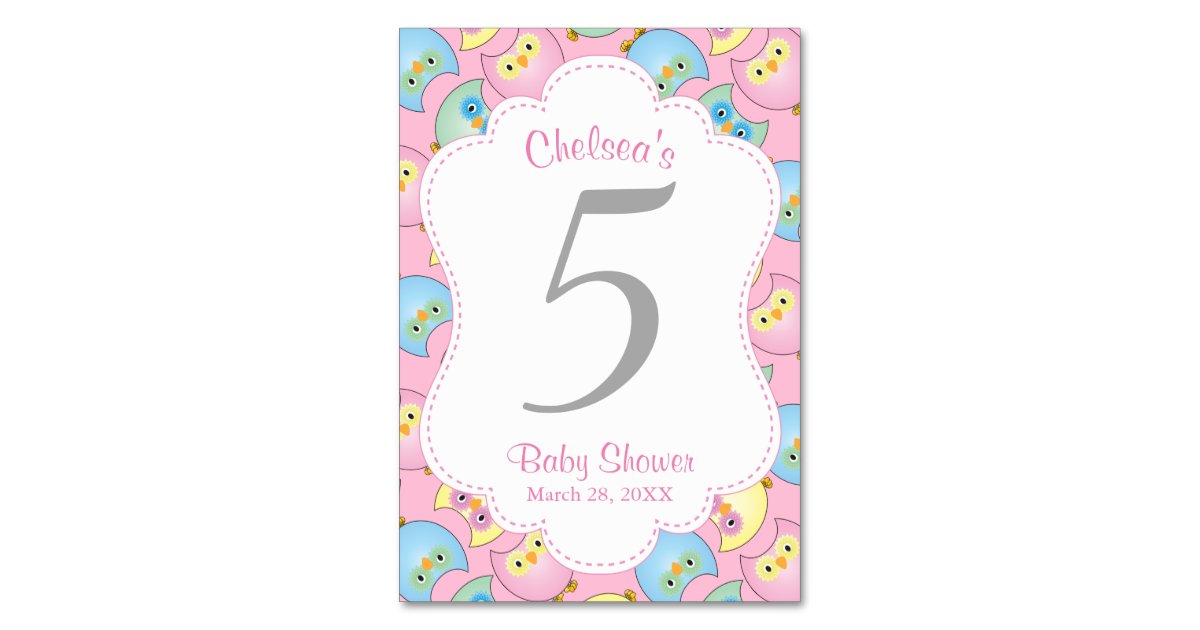 Pastel Owl Baby Girl Shower Theme Table Number | Zazzle