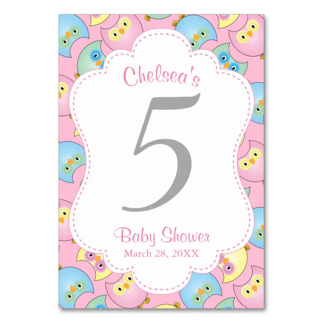 Pastel Owl Baby Girl Shower Theme Table Number | Zazzle