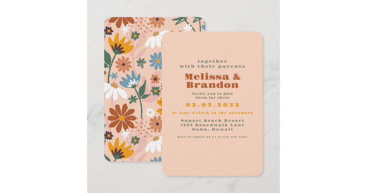 Pastel Peachy Retro 70s Wedding Invitation | Zazzle