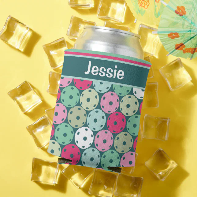 Pastel Pickleballs on dark green, with name Can Cooler | Zazzle