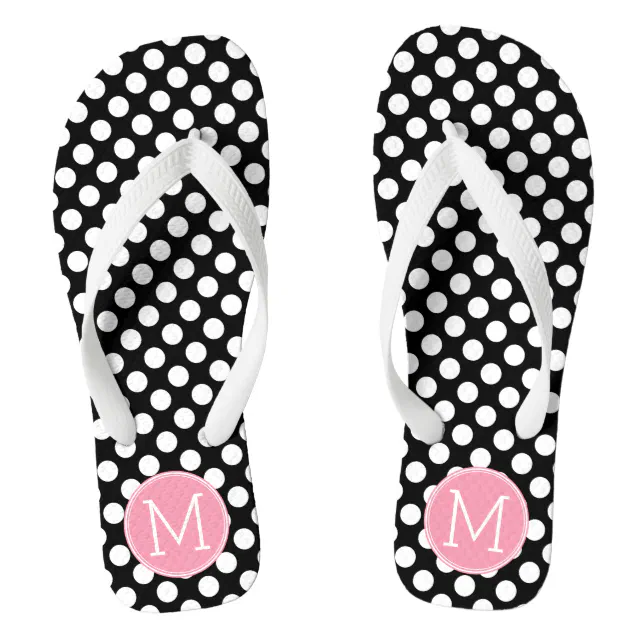 Pastel Pink and Black Polka Dots Custom Monogram Flip Flops | Zazzle