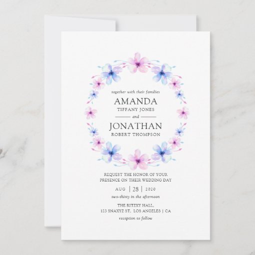 Pastel Pink and Blue Floral Wedding Invitation | Zazzle