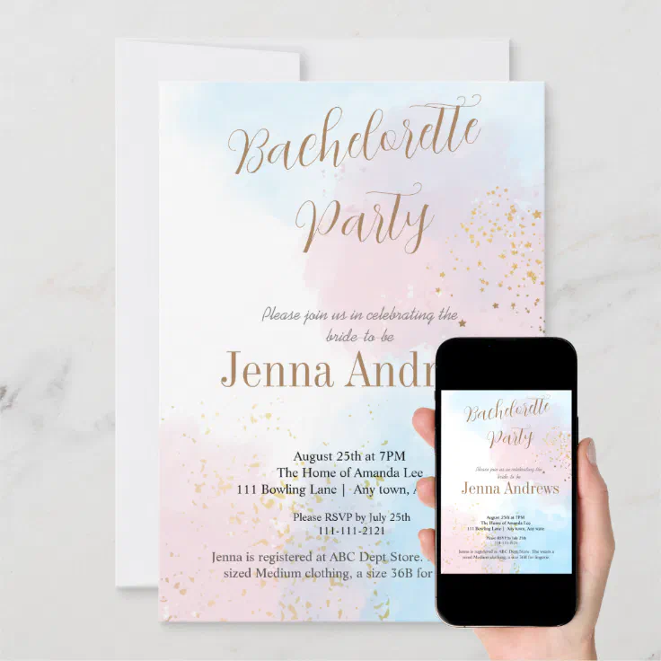Pastel Pink and Blue Watercolor Bachelorette Party Invitation | Zazzle