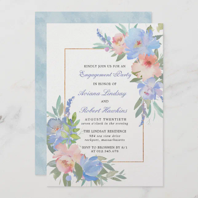 Pastel Pink Blue Floral Wedding Engagement Invitation | Zazzle
