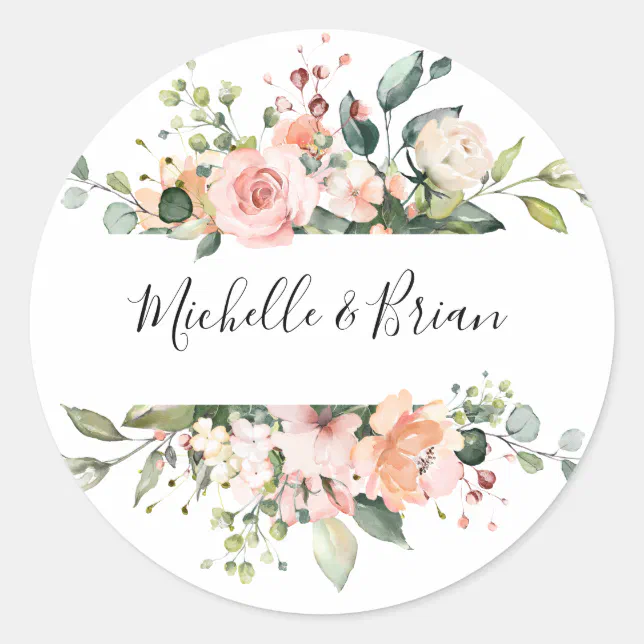Pastel Pink Blush Rose Floral Botanical Wedding Classic Round Sticker ...