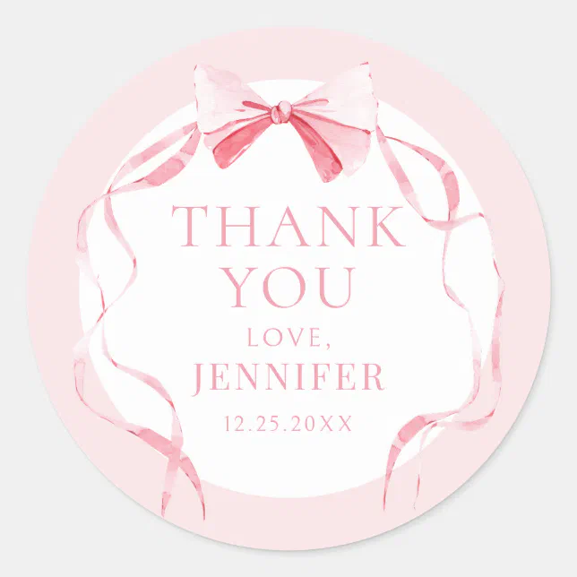 Pastel pink bow ribbon baby girl shower thank you classic round sticker ...