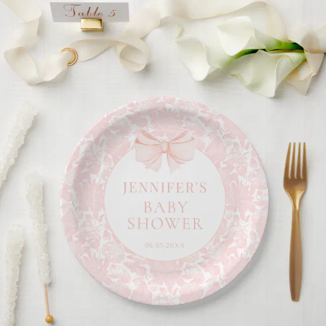 Pastel pink cute bow ribbon baby girl shower paper plates | Zazzle