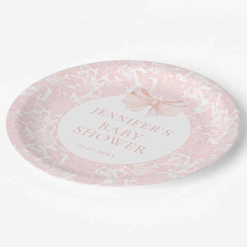 Pastel pink cute bow ribbon baby girl shower paper plates | Zazzle